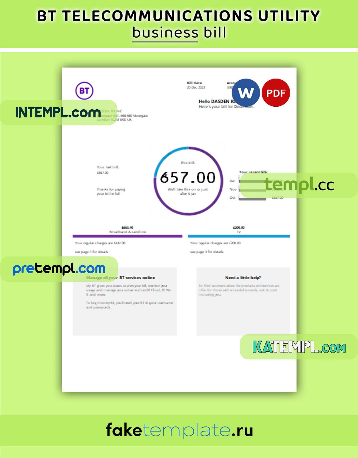 BT telecommunications business utility bill, Word and PDF template | by Intemplbusinessbill ...