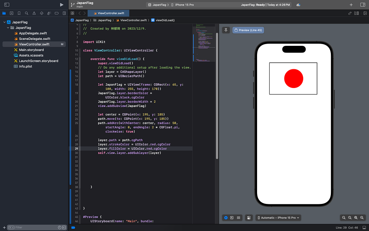 #17 從程式製作國旗圖案 選了一個最簡單的國旗 一個長方形再加一個圓形 猜到了嗎？ 先創建了一個CAShapeLayer實例，它是一個用來顯示可繪製的形狀的圖層。同時，也創建了一個 ...