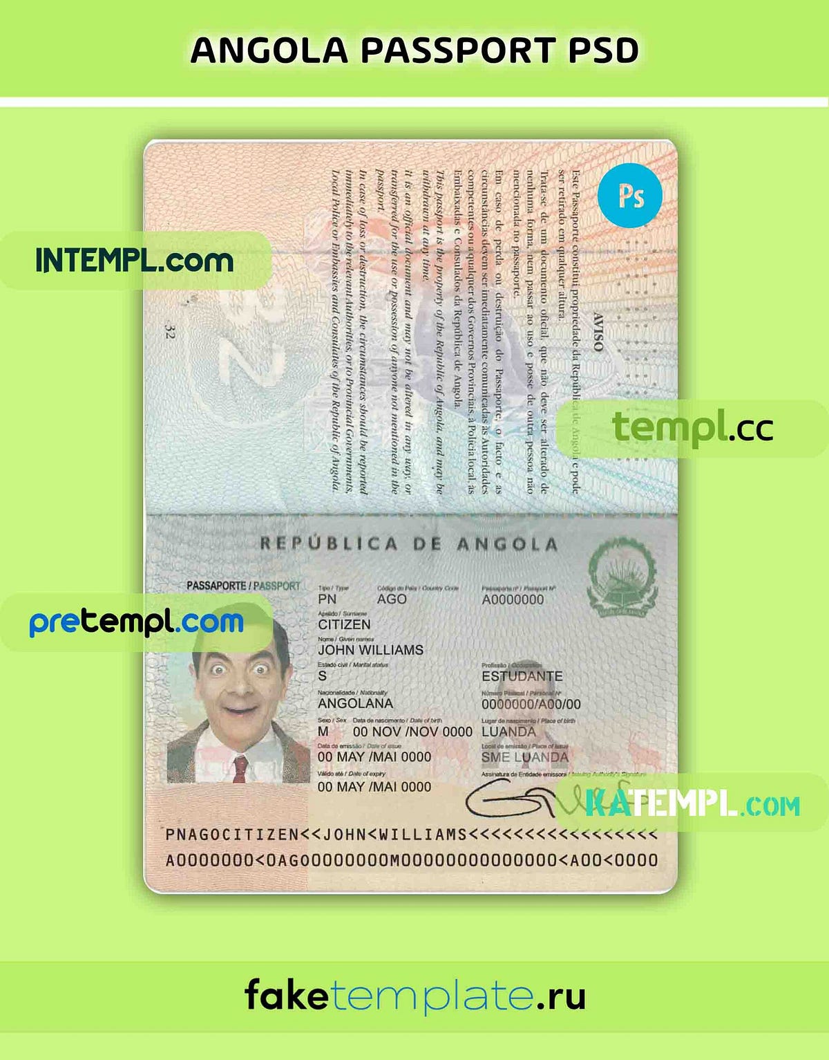 Angola passport PSD download template - Intempl Pas - Medium