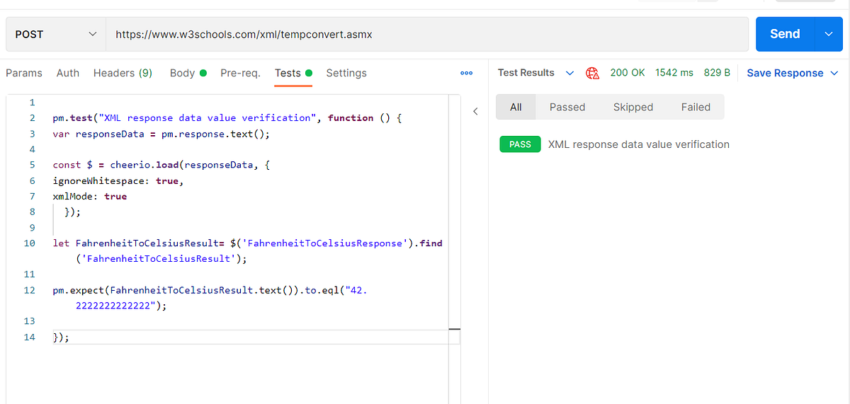 How to parse XML and validate the response fields using cheerio library ...