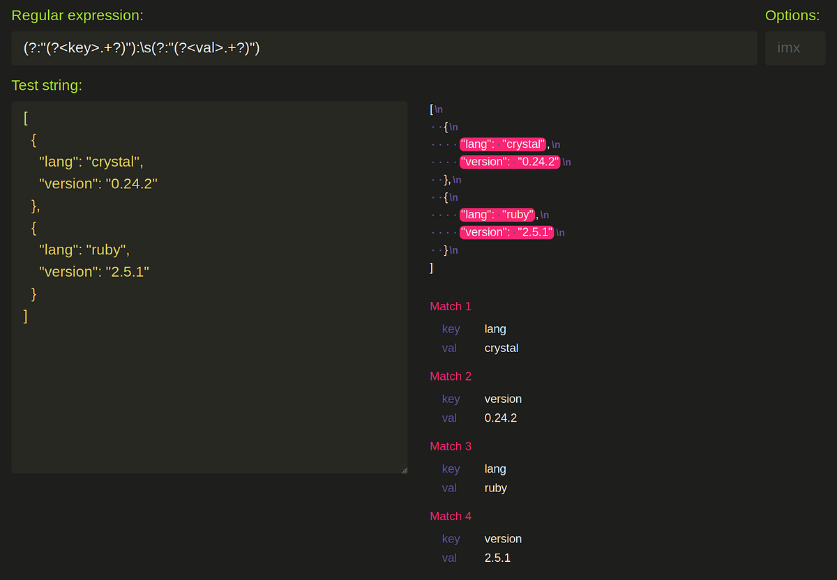 Writing a regular expression tester in Crystal as a learning exercise ...