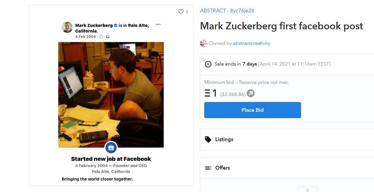 NFT COLLECTORS CAN BUY FIRST FACEBOOK POST, AND IS WRITTEN BY MARK ...