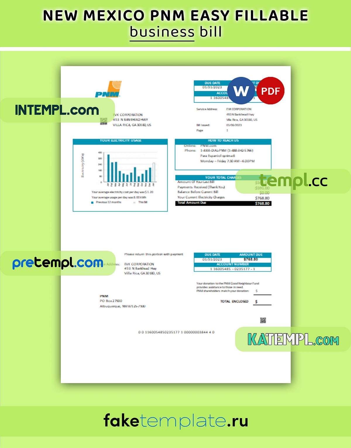 New Mexico PNM easy fillable business utility bill, Word and PDF ...