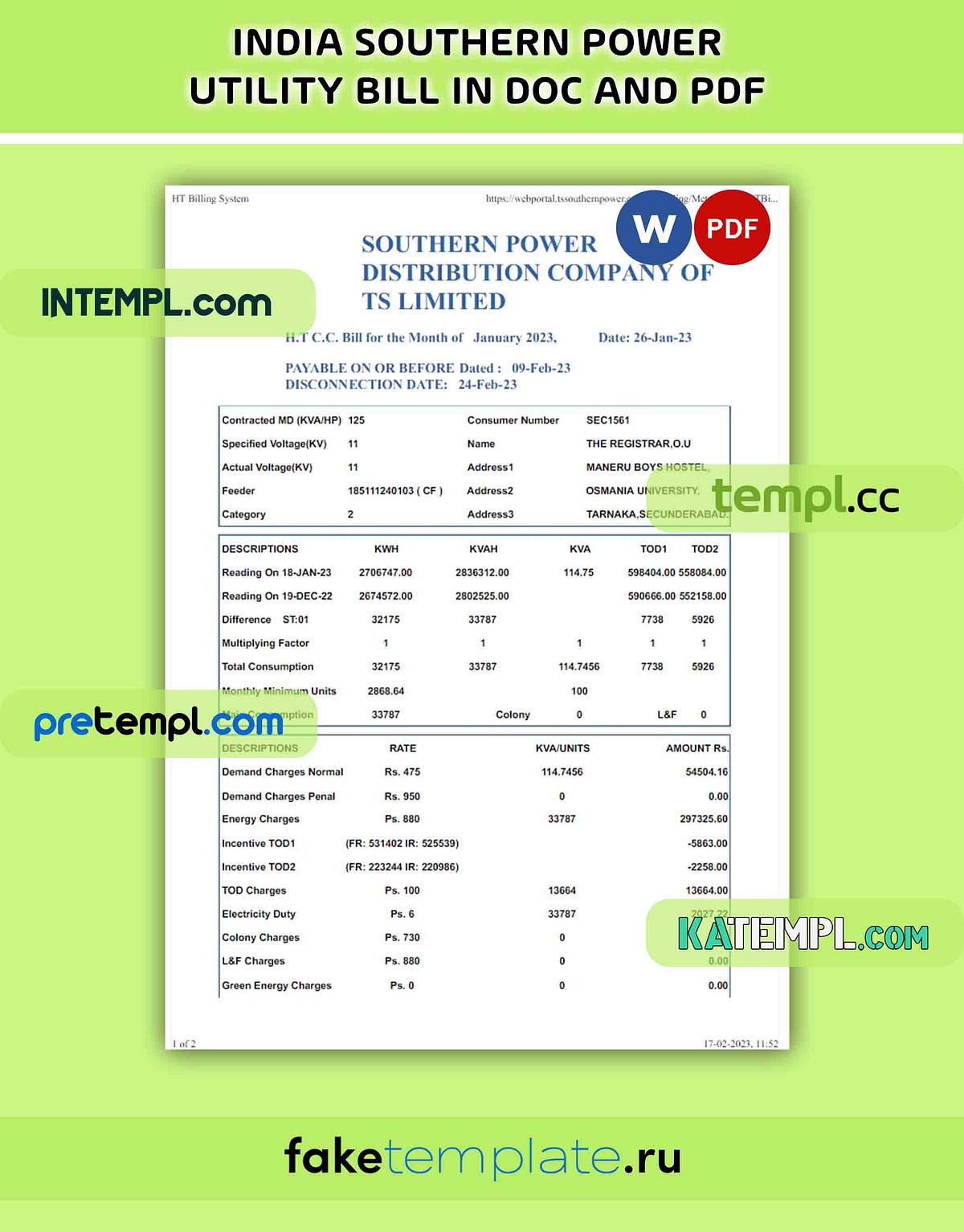 INDIA SOUTHERN POWER utility bill Word and PDF template | by Shotempl ...