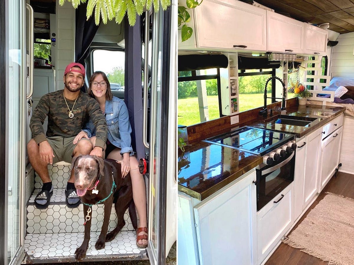 A couple and their dog live and travel in a 187-square-foot bus. Here ...