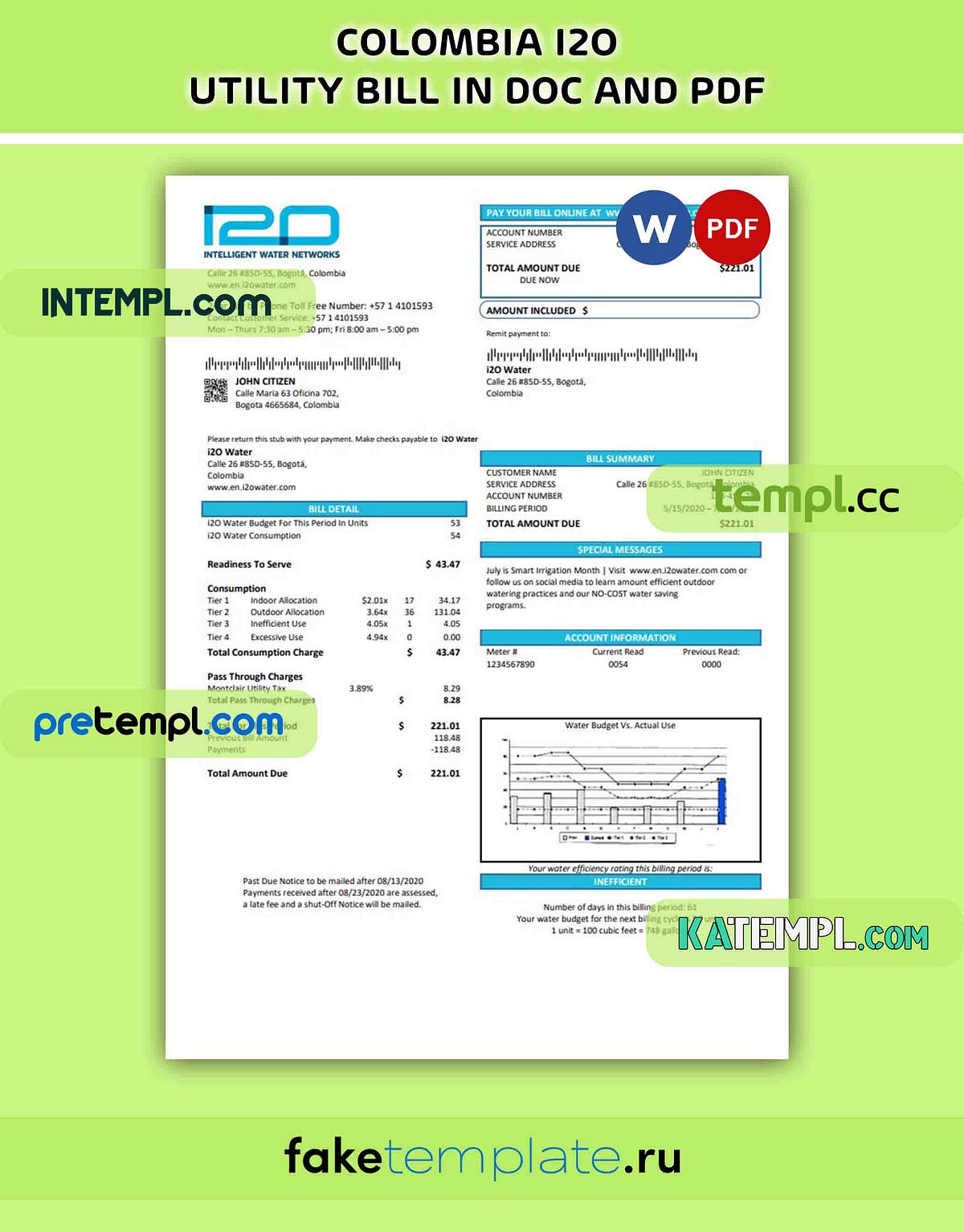 Colombia i2O Water utility bill template in Word and PDF format | by ...