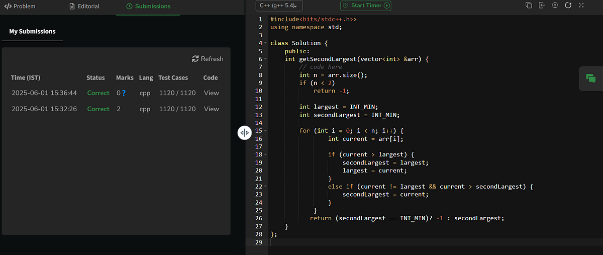 Day 1: Second Largest Element in an Array — GFG 160-Days of DSA Challenge 🚀 | by Amit Prajapati ...