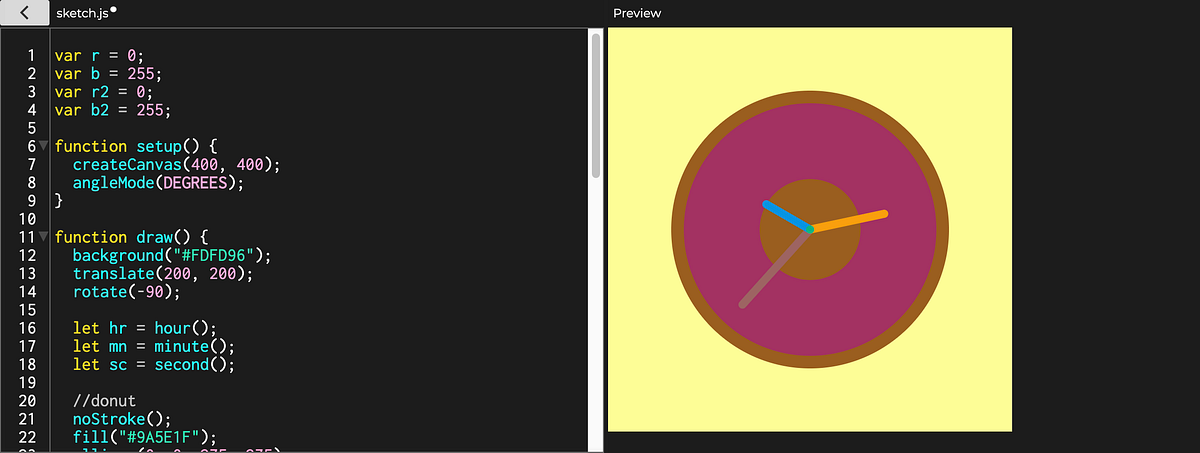 Week 2 Homework: Clock in p5.js and a reading response | by Erika Noma | Medium