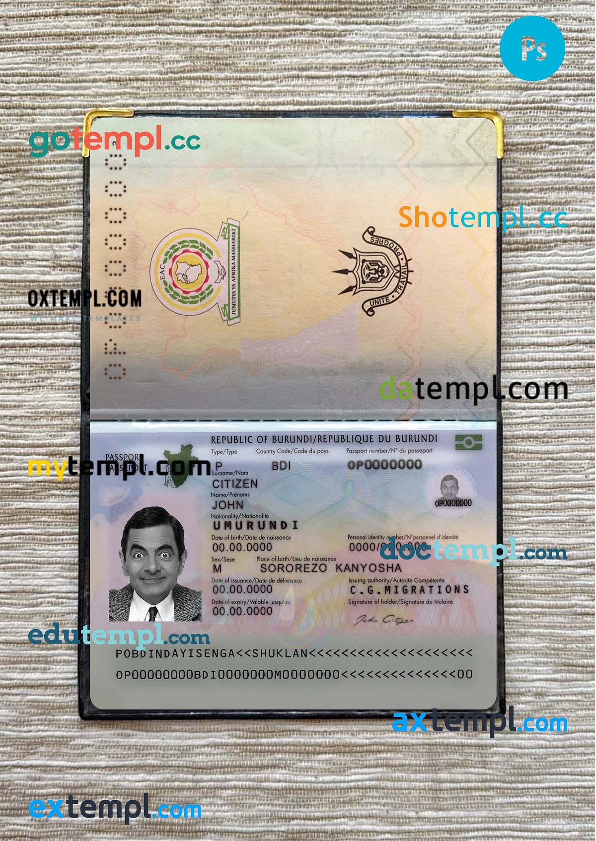 sample Burundi passport PSD files, scan and photograghed image (2019 ...