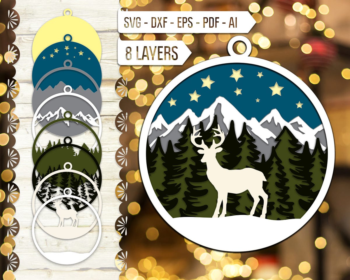 Layered Reindeer Christmas Ornament Svg. 3D Christmas Scene Svg. Multi ...