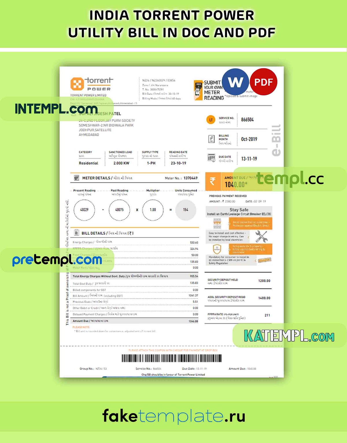INDIA TORRENT POWER utility bill Word and PDF template | by Shotempl ...