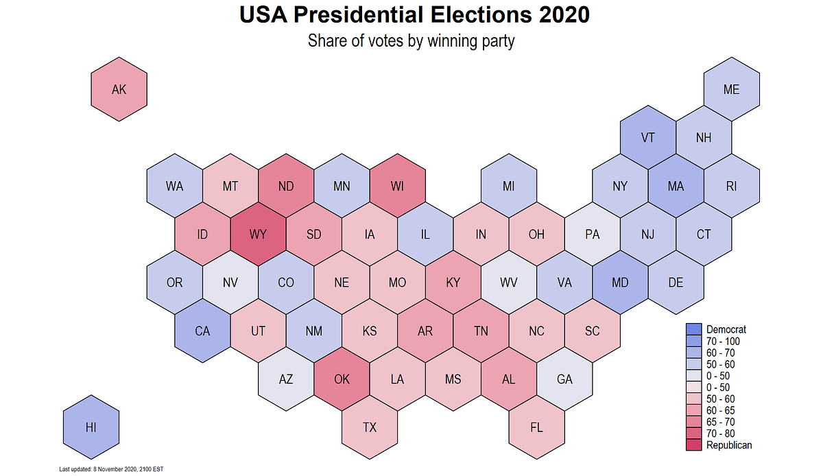 Stata graphs: Hex maps of the 2020 USA Presidential elections | by Asjad Naqvi | The Stata Guide ...