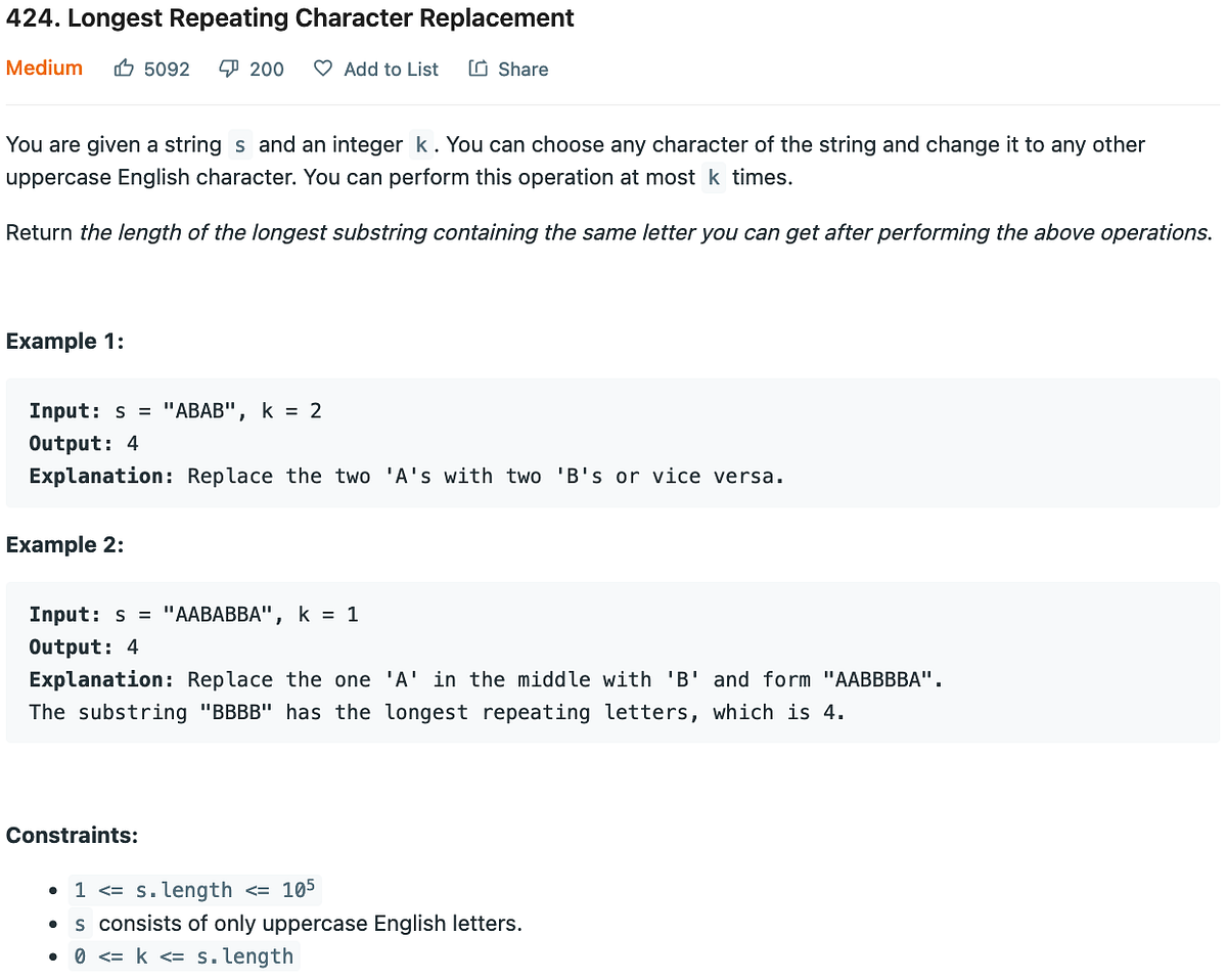 424 — Longest Repeating Character Replacement | by stevecaoleetcodes ...