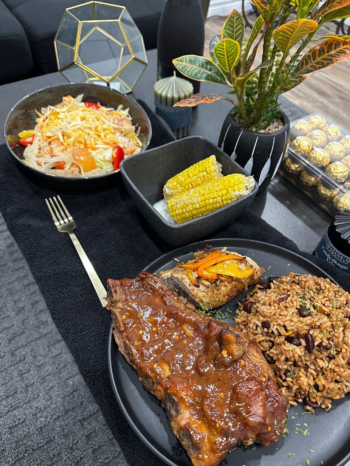 Sunday Dinner Vibes: Rice & Peas, Pork Ribs, Corn, and Veggies | by ...