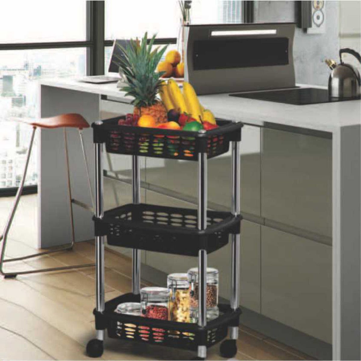 Fruteira Tripla Retangular Preta de Inox | Medium