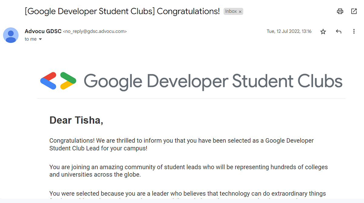 The process to become GDSC Lead!. Receiving the selection mail for GDSC ...