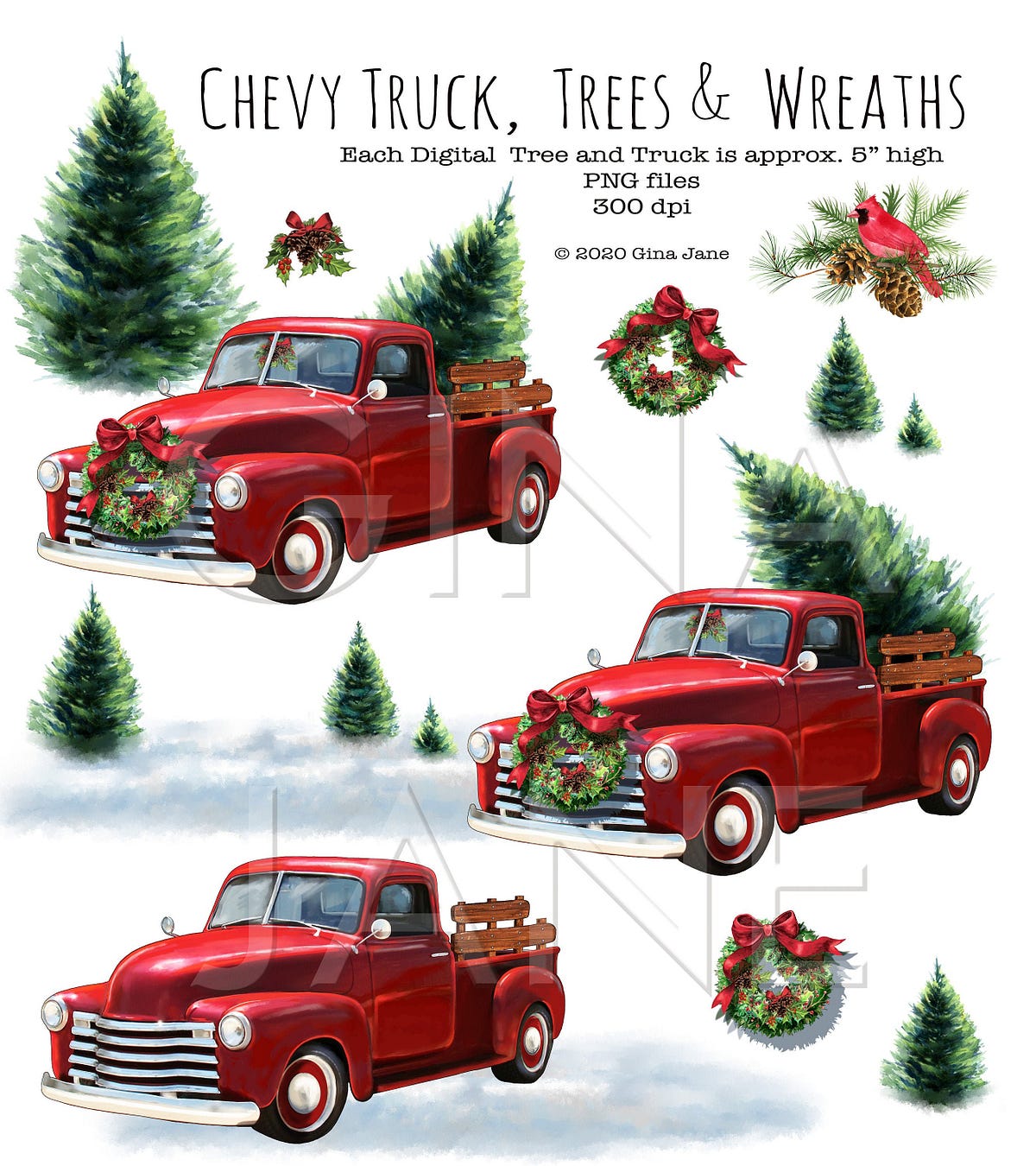 Red Chevy Vintage Trucks PNG | Christmas Truck with Tree PNG | Digital ...