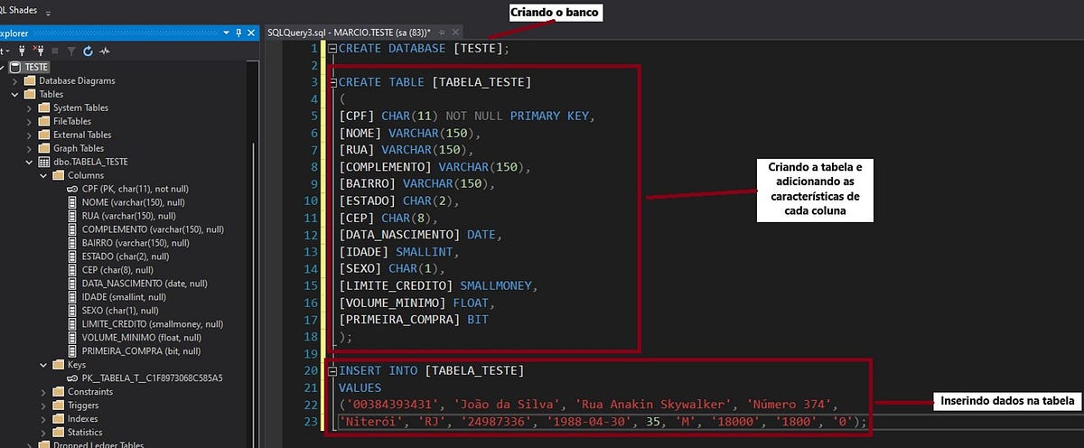 Basic commands to create a database along with the table and its columns and insert data into ...