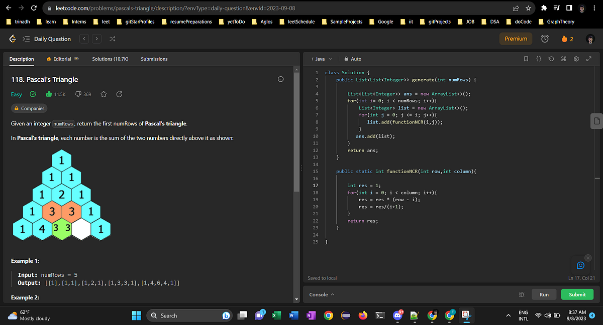 118. Pascal’s Triangle - Trinadh Rayala - Medium