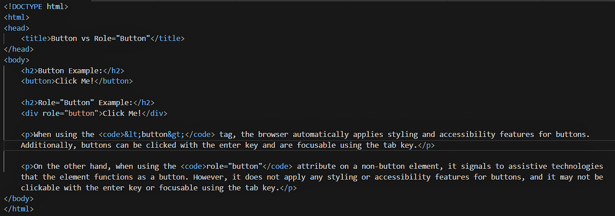 Difference between role=”button” attribute and button tag in HTML | by ...