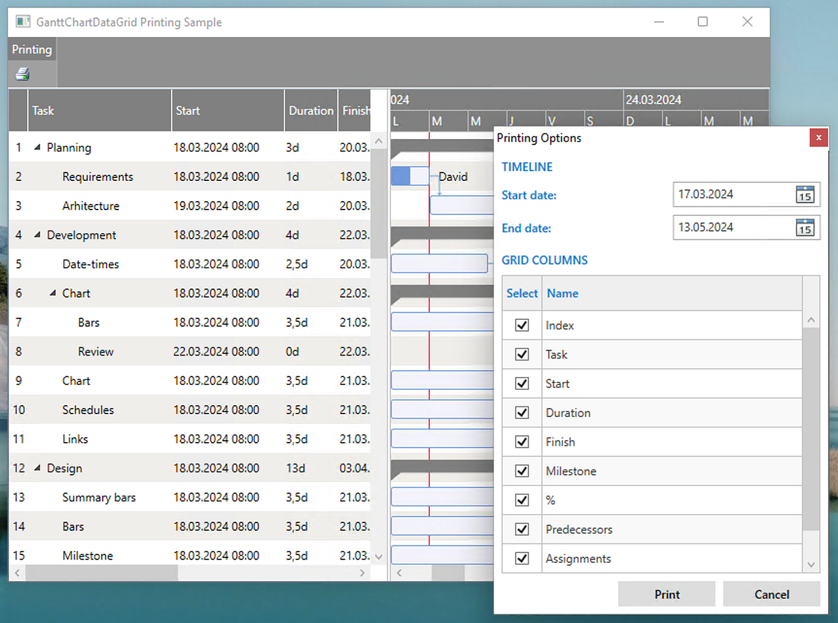 Customizing printing — GanttChartDataGrid (WPF) | by DlhSoft | Gantt chart libraries | Medium