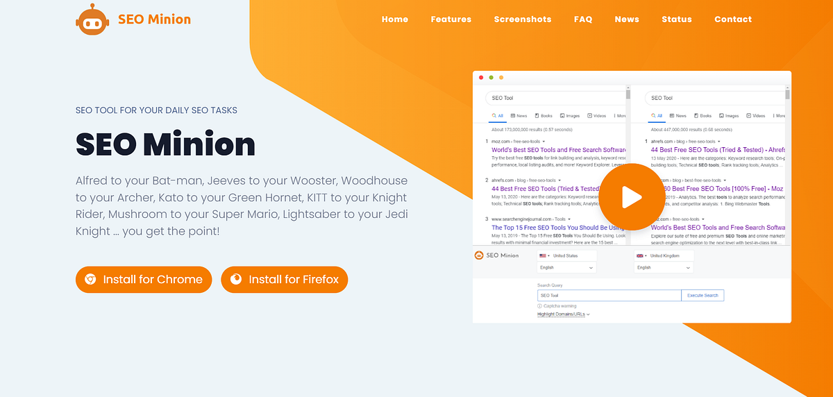 SEO Minion Extension features. A free Google Chrome addon called SEO ...