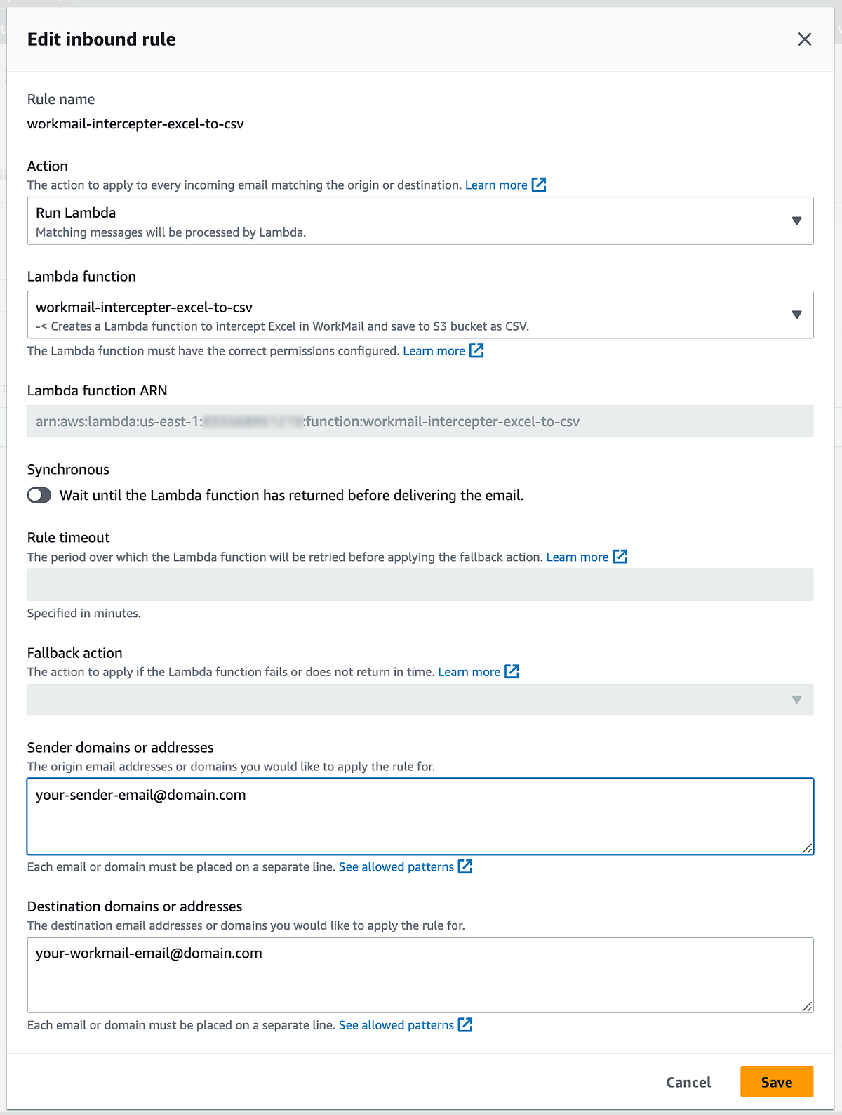 Transform incoming AWS WorkMail email with Excel attachment to CSV and ...