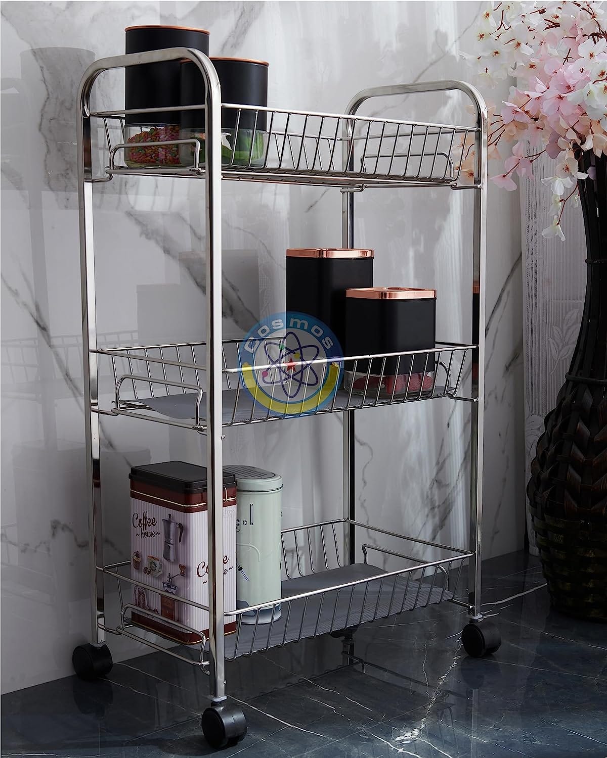 Cosmos Stainless Steel 3 Tier Large Kitchen Organizer Trolley with Anti ...