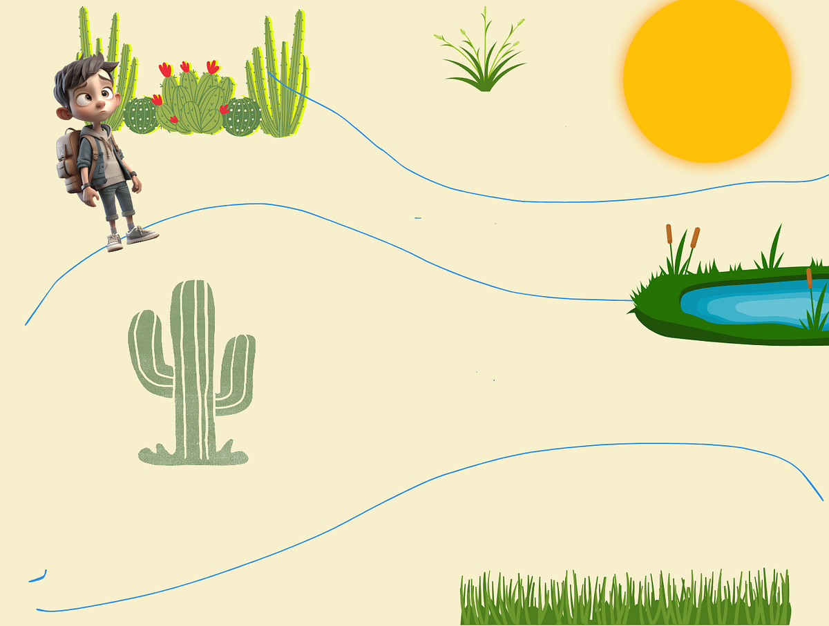 In the desert's scorching embrace, we roam, mirages dance, leading us ...