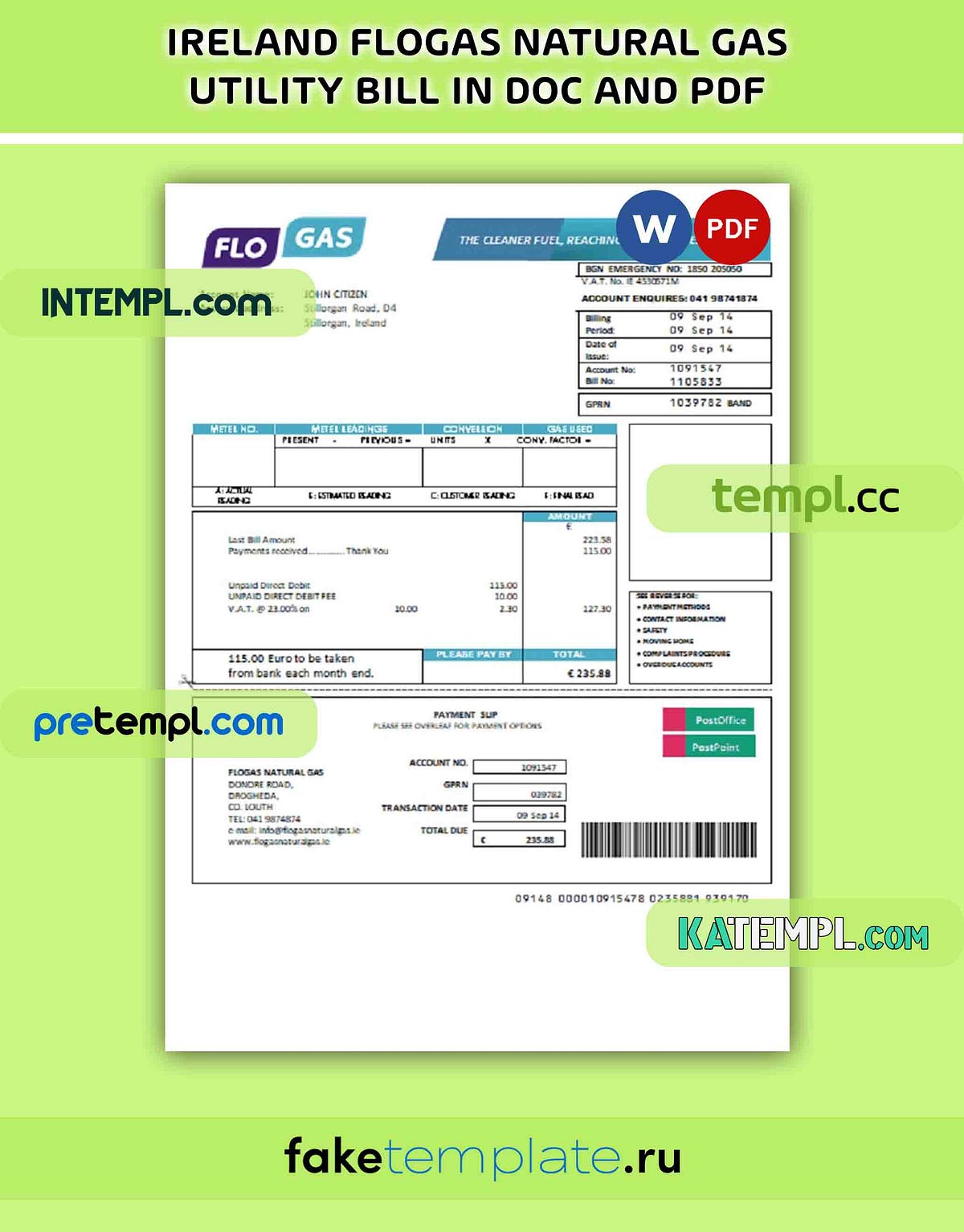 Irish Flogas Natural Gas utility bill download example in Word and PDF format | by Mytempl | May ...