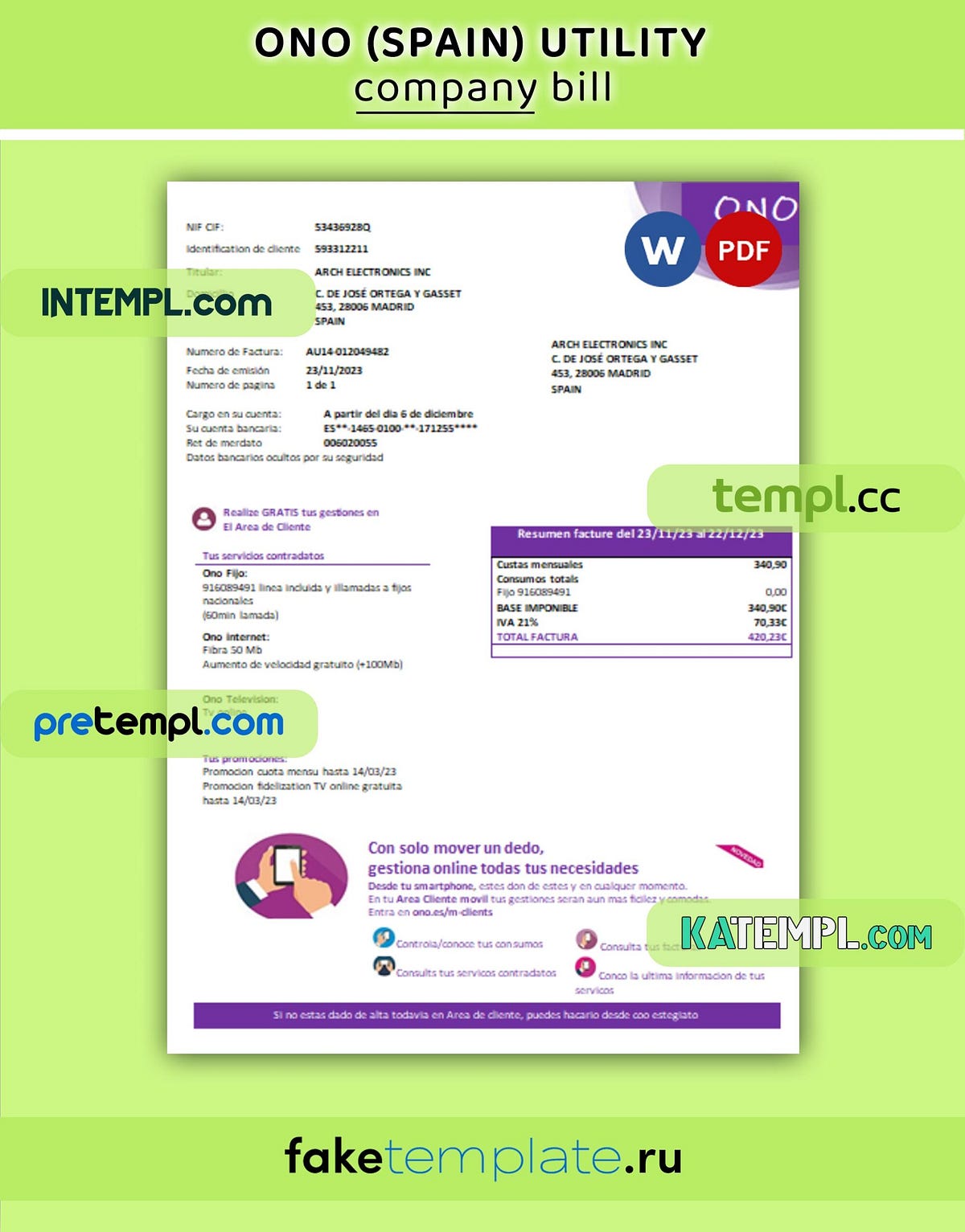 ONO (Spain) business utility bill, Word and PDF template | by ...