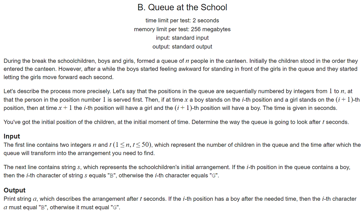 CodeForces - 266B Queue at the School Solution in C++ - Eya Jamue Haque - Medium