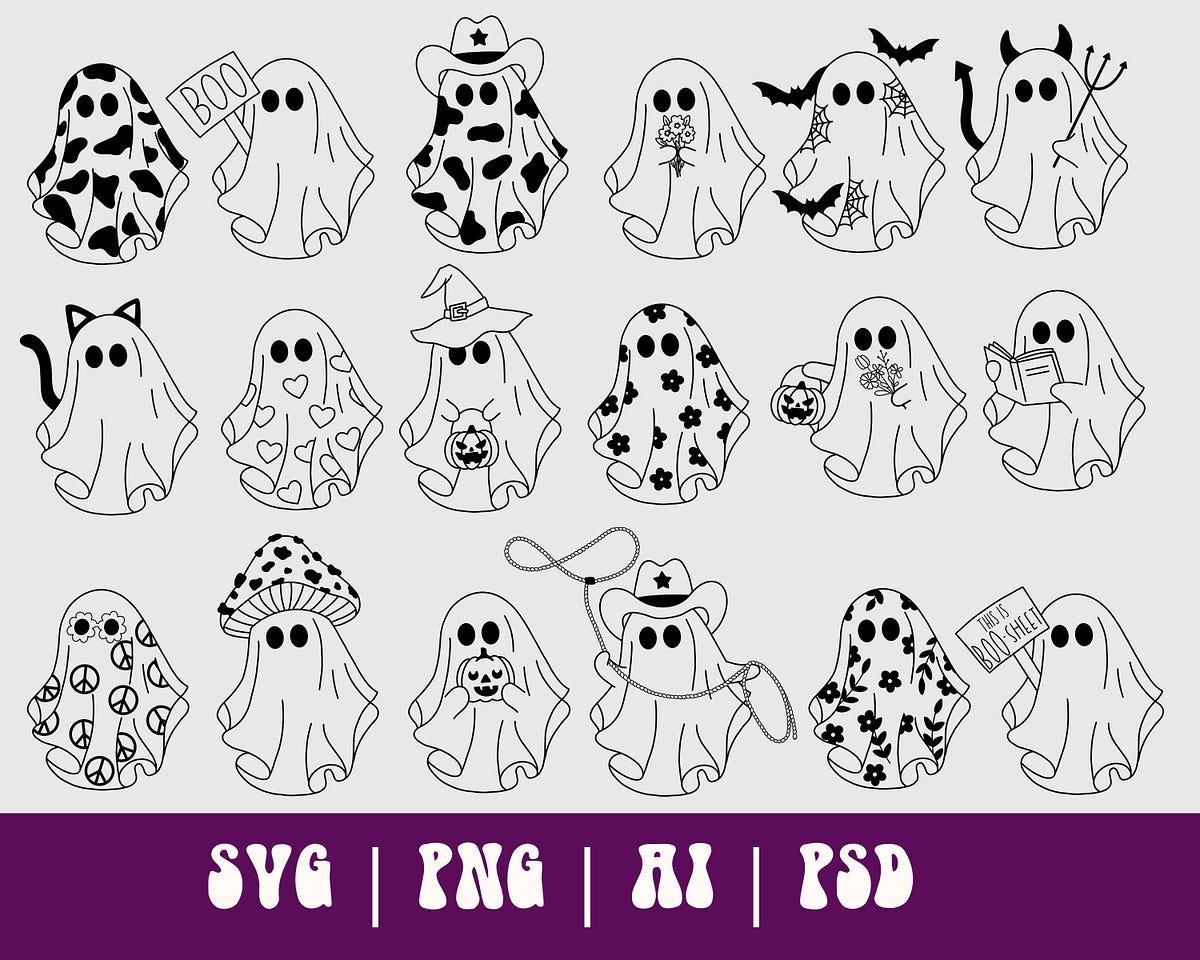 Cute Ghost SVG Bundle | Retro Halloween Ghosts Hand Drawn Clipart | Boo ...