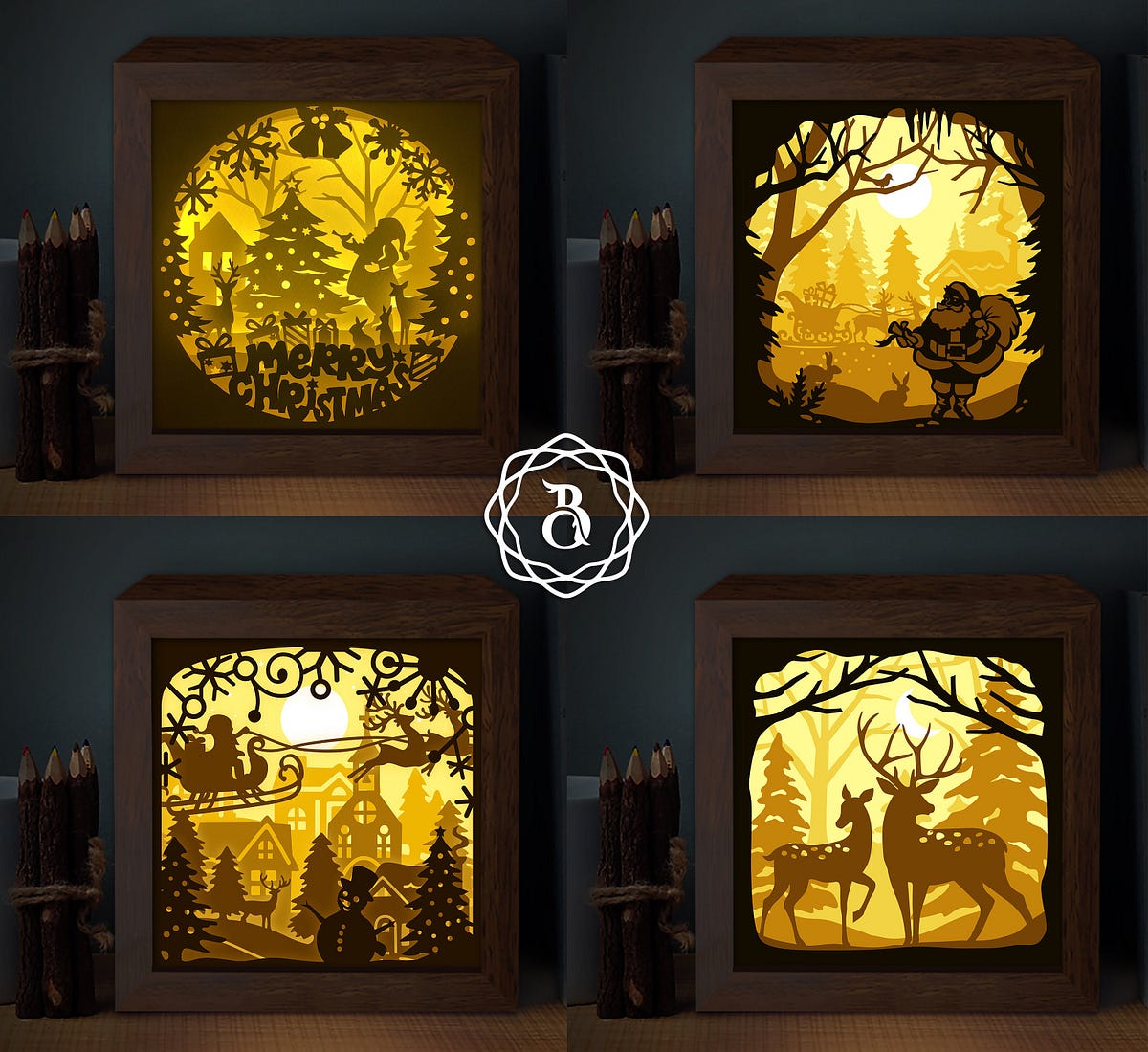 COMBO 4 Items Merry Christmas Light Box Template, 3D Shadow Box SVG ...