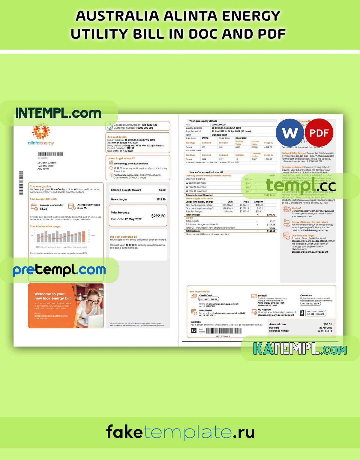 Australian Alinta Energy gas utility bill download example in Word and ...