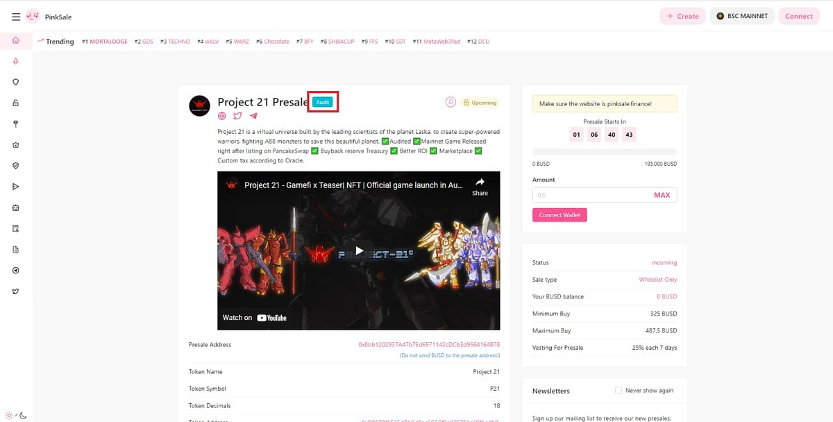 Audit Badge has been updated on the Presale link - Project 21 - Medium
