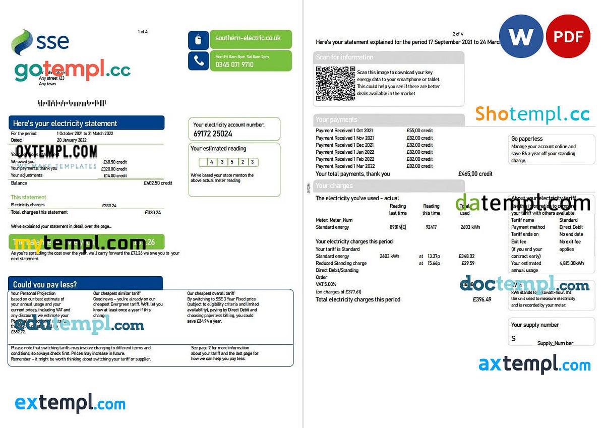 United Kingdom SSE Energy utility bill, PDF and Word download template, 4 pages | by ...