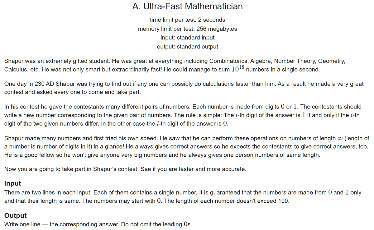 61A - Ultra-Fast Mathematician CodeForces Solution in C++ - Eya Jamue Haque - Medium