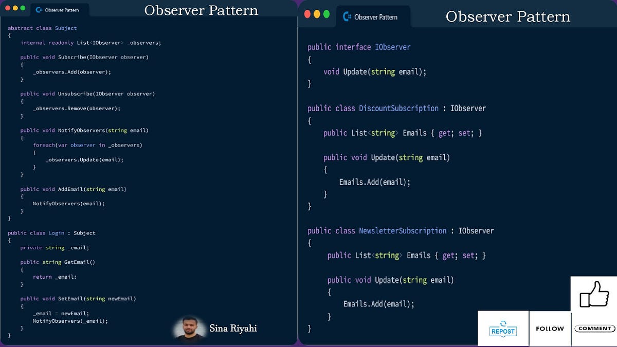 Observer Pattern. The Observer Pattern is a behavioral… | by Sina Riyahi | Medium