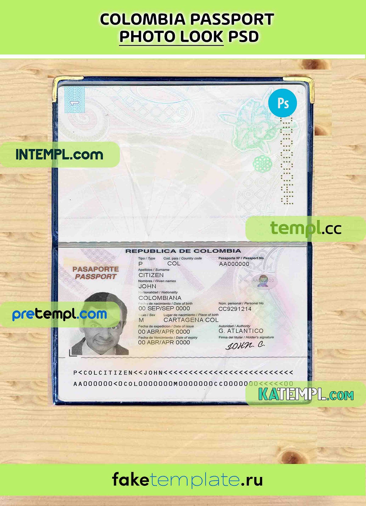 Colombia passport PSD download scan and photo look template, 2015–2018 ...
