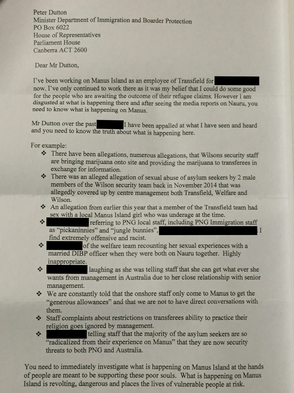 Letters from a Transfield employee to Peter Dutton and Peter O’Neill ...