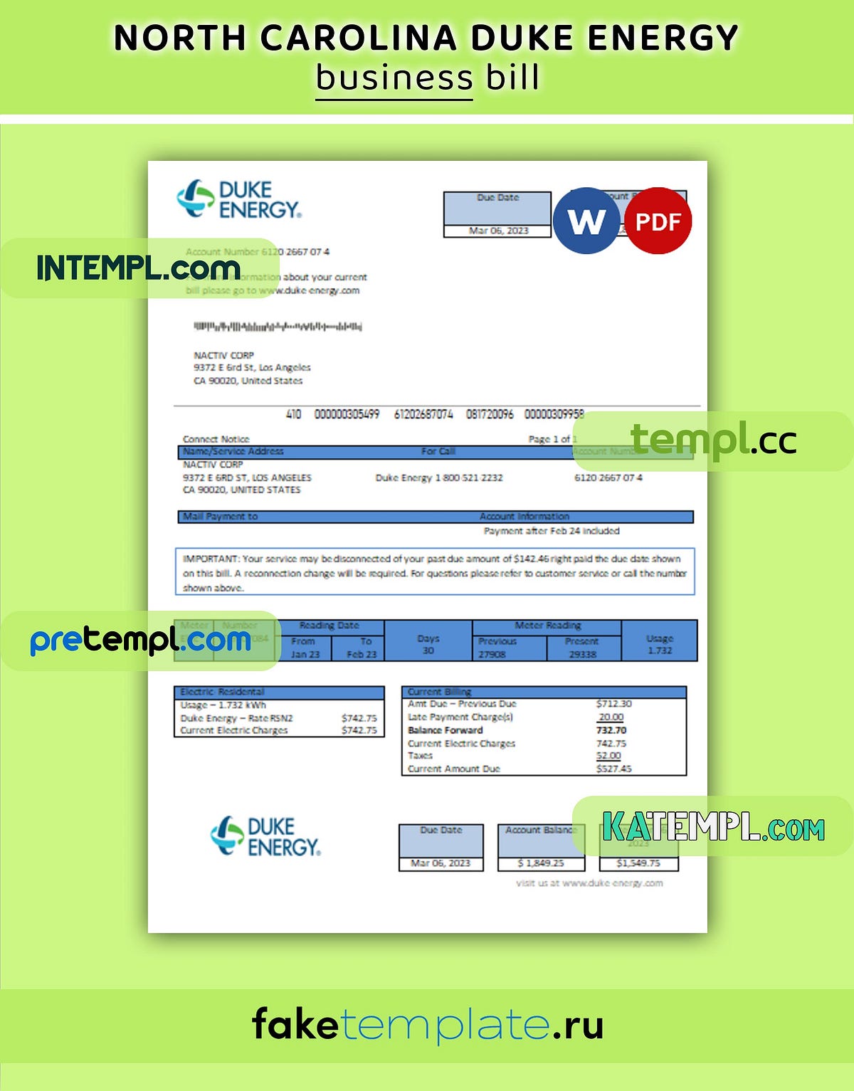 North Carolina Duke Energy business utility bill, Word and PDF template ...