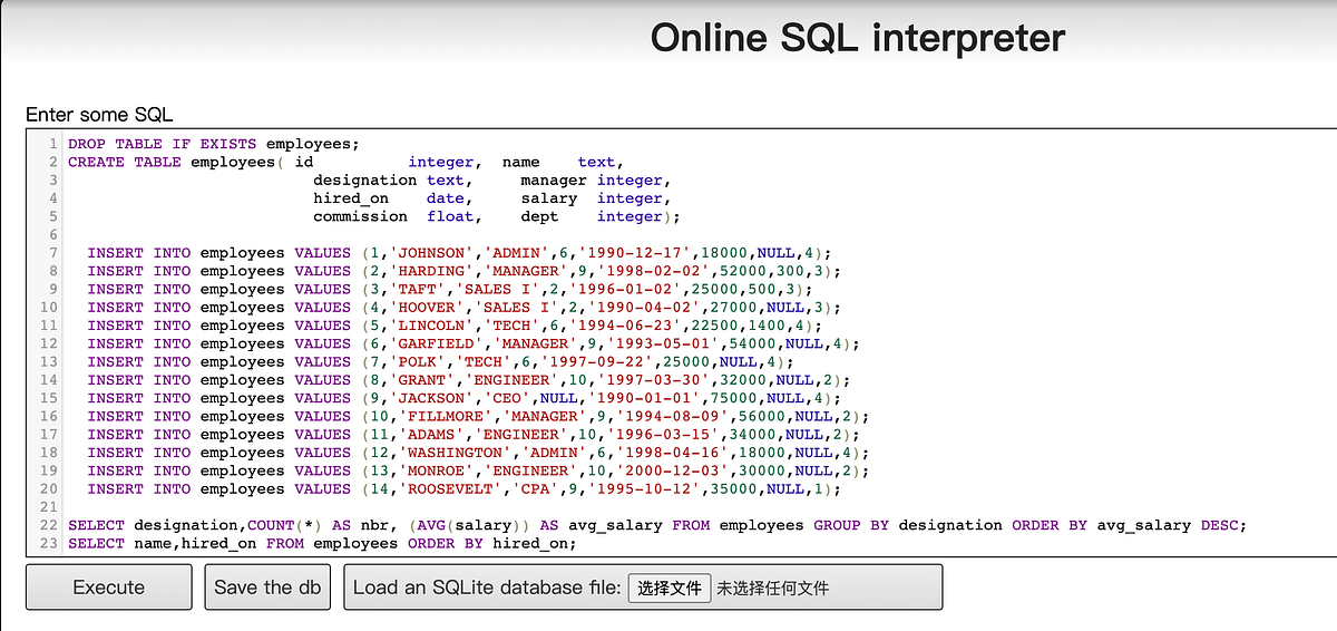 Running sqlite on the browser. More and more e-learning platform, code ...
