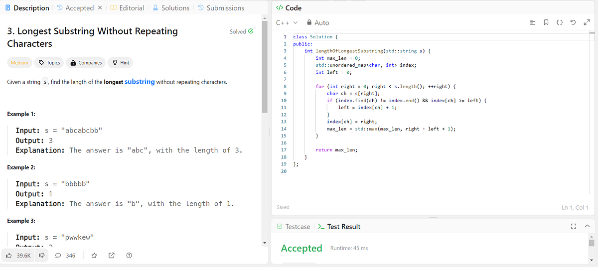 Leetcode 3: Longest Substring Without Repeating Characters | by Rutuja Bhombe | Medium