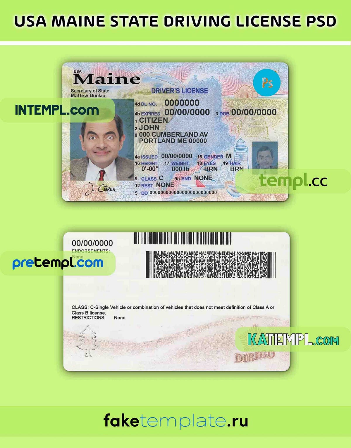USA Maine state driving license PSD download template (2019 — present ...
