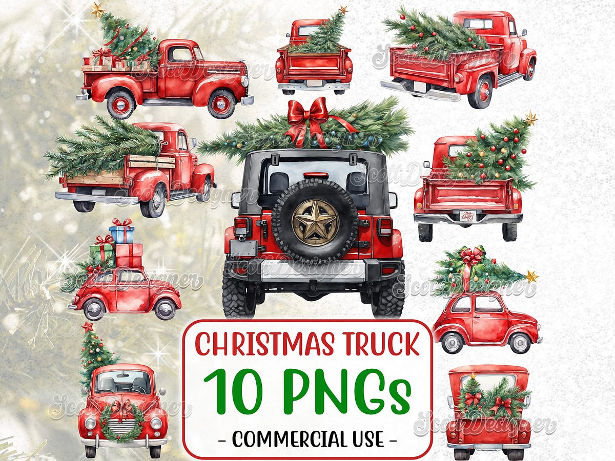 Watercolor Vintage Christmas Truck Clipart PNGs — 10 Unique Clipart ...
