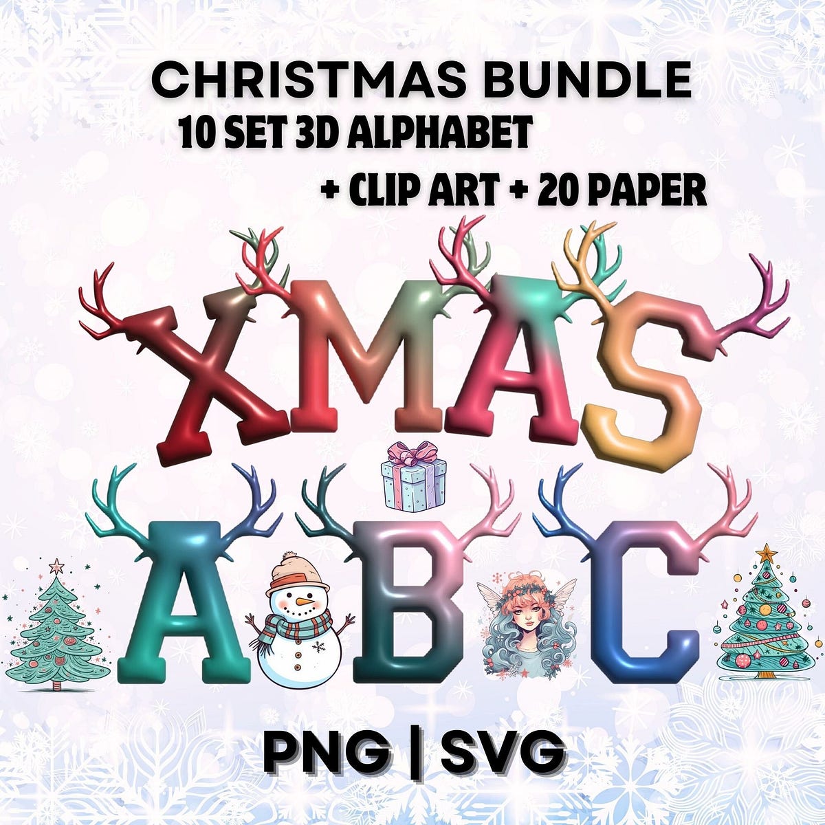 3D Inflated Christmas Letters + Clip Art + Papers Bundle, Uppercase ...