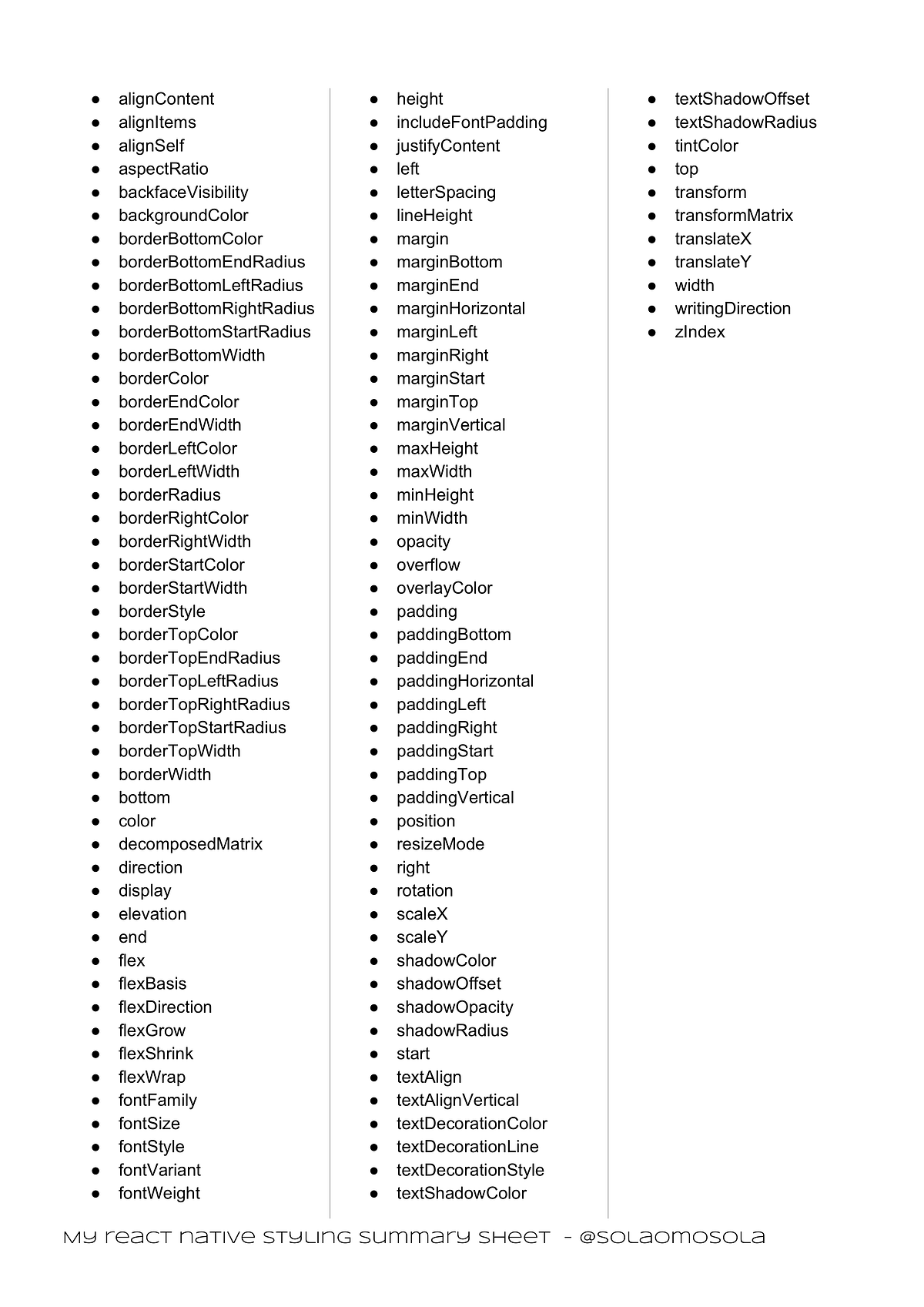 React Native Style Summary Sheet. I am posting this summary sheet for ...