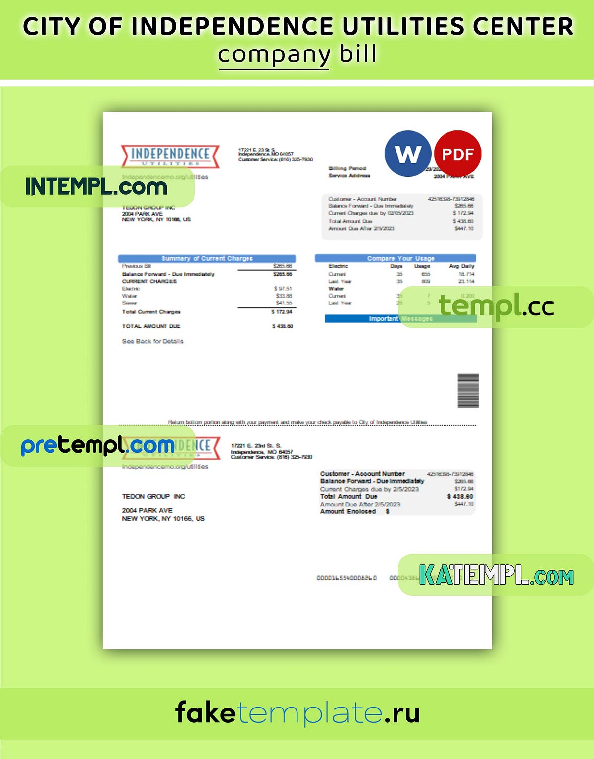 City of Independence Utilities Center (IUC) business utility bill, Word ...