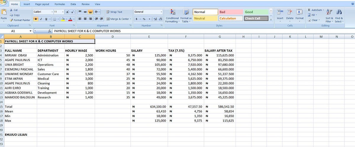 Simple Payroll for K & C Computer Work - Lilian Kelsey Ehujuo - Medium